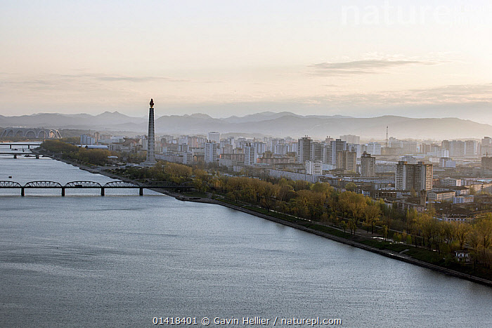 Stock photo of Elevated city skyline of capital Pyongyang and Taedong ...